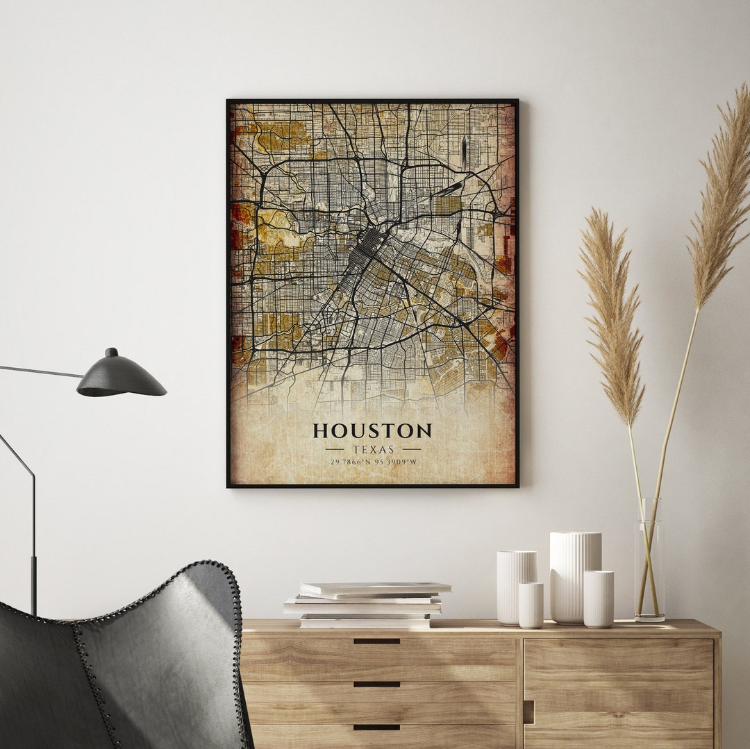 Houston Antique City Map Poster Houston Antique Map Print Wall Art ...