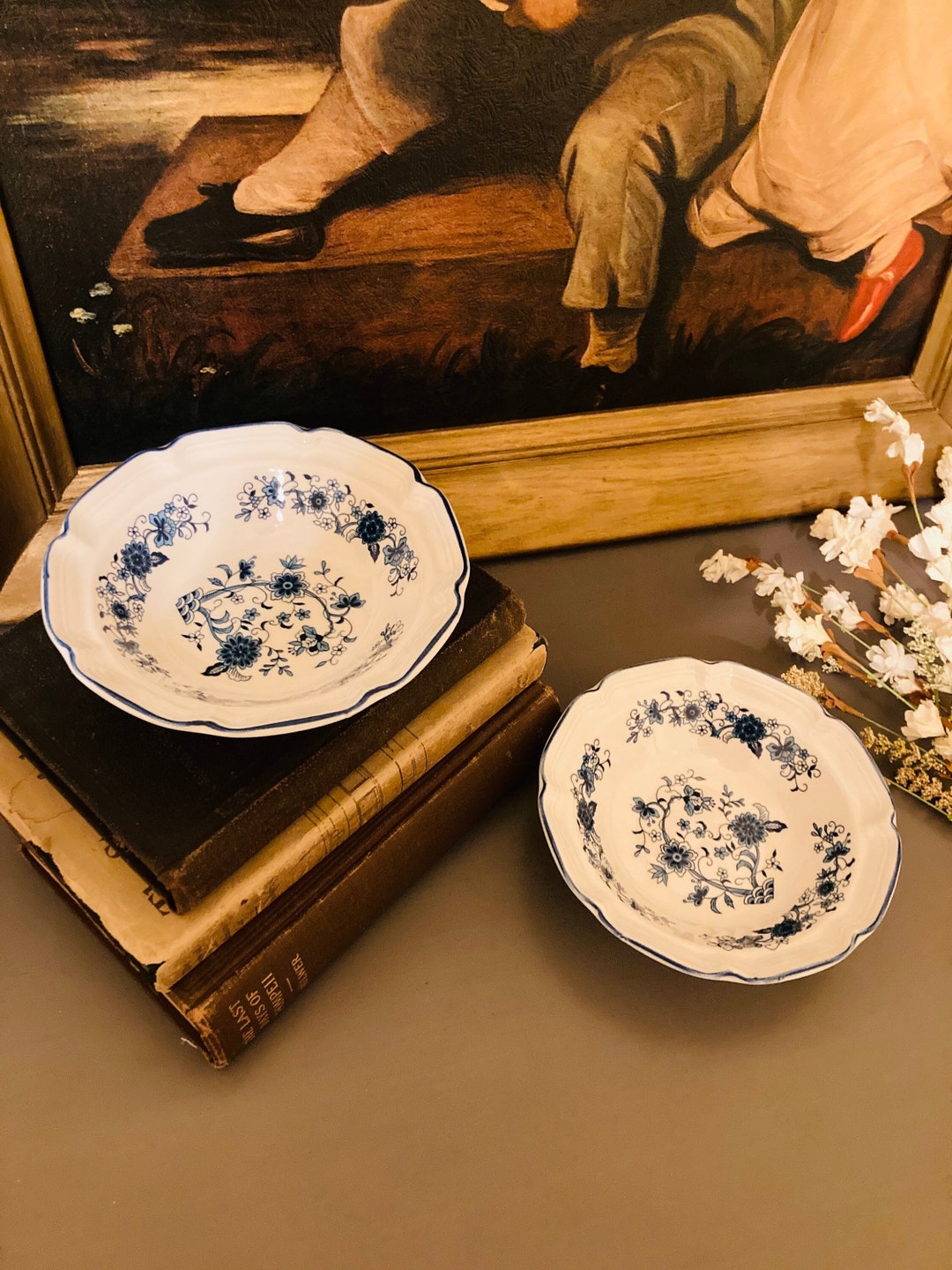 VINTAGE Set of 2 Ceramic Blue Flower Plate/ Floral Ceramic Dinnerware ...