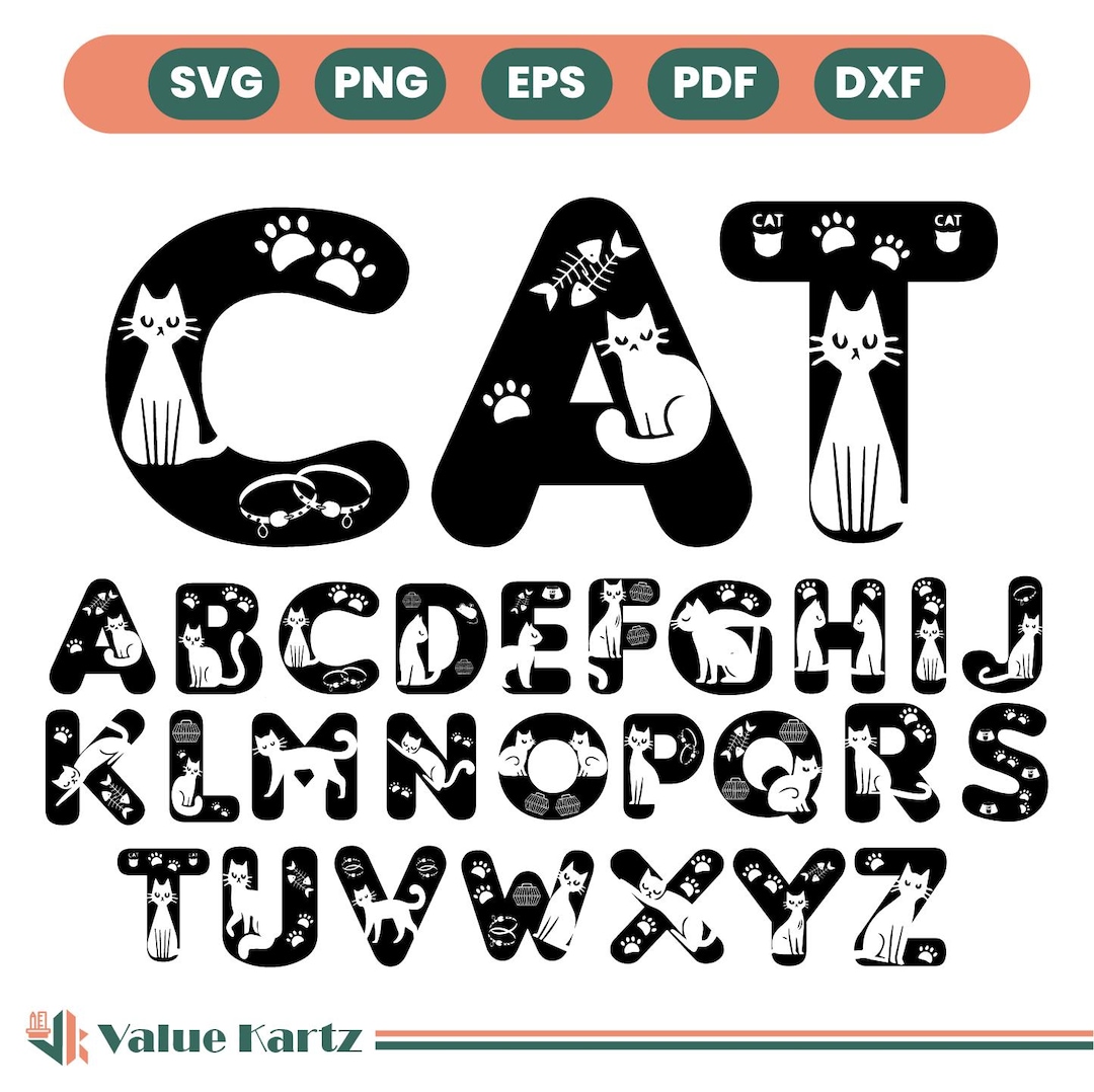Gothic Cat Alphabet SVG Font | Cute Kitty Letters A–Z With Paw Prints ...