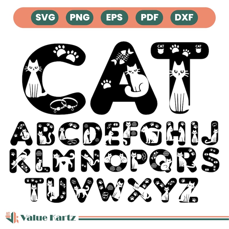Gothic Cat Alphabet SVG Font | Cute Kitty Letters A–Z With Paw Prints ...