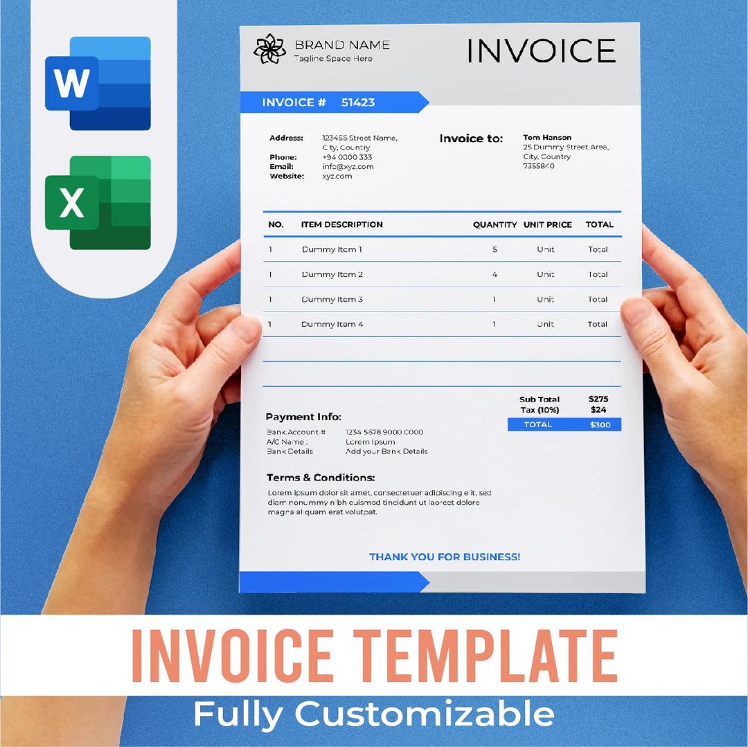 Invoice Template for Small Business, Editable Word & Excel, Printable ...
