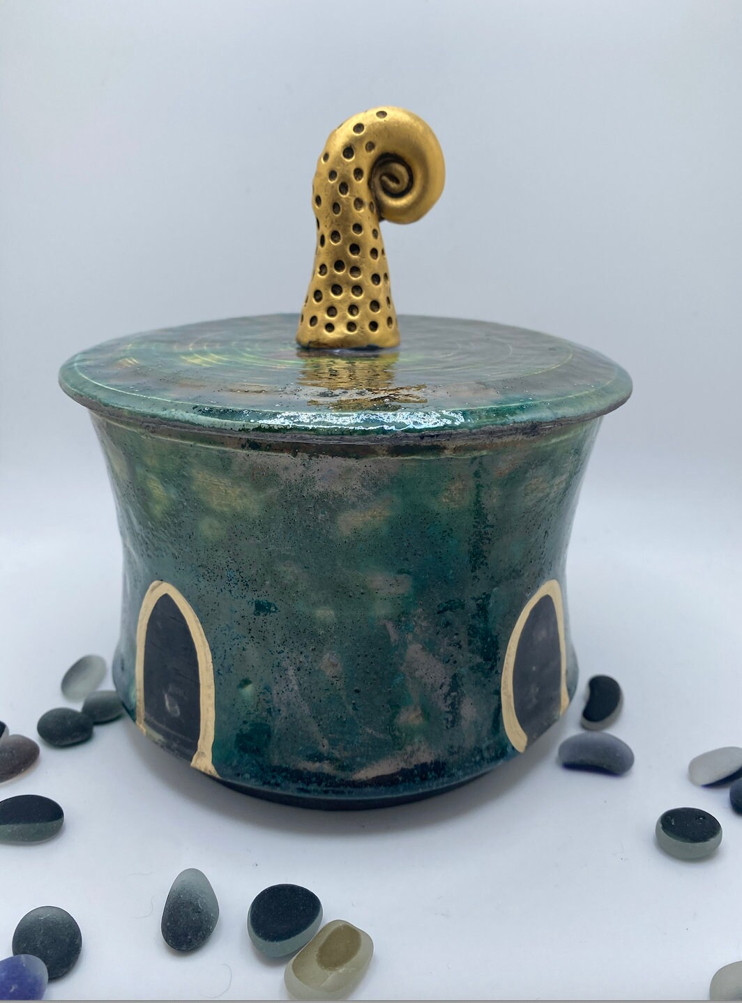 Raku Jar / Urn With Repurposed Gold Tone Handle Octopus or Kraken ...