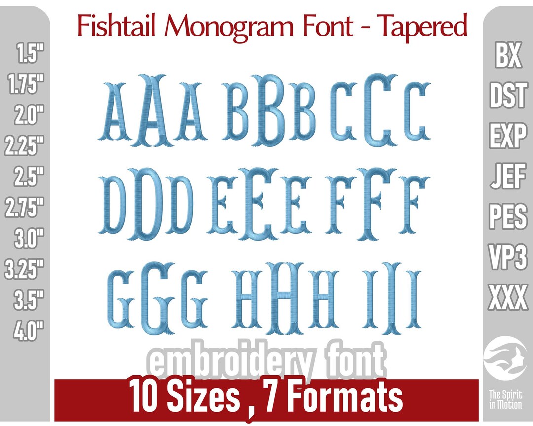 Three-letter Fishtail Monogram Embroidery Font | Tapered Serif Machine ...