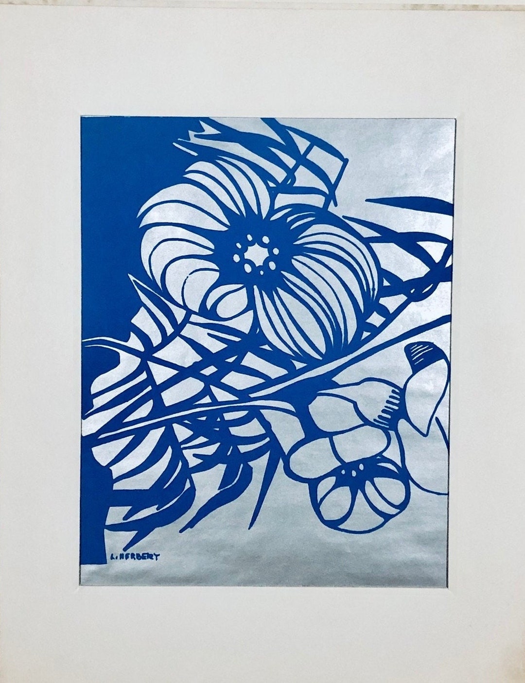 Single Blue Bloom on Silver Linocut herman - Etsy