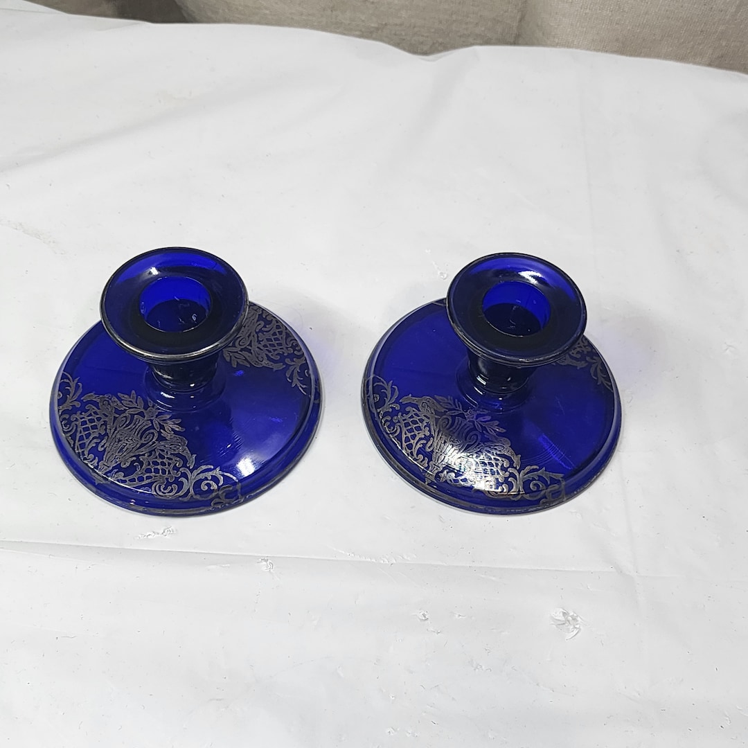 Vintage Cobalt Blue Glass Candle Holders With Sterling Silver Overlay ...