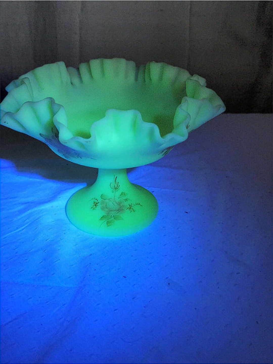Vintage Fenton Uranium Glass Compote Candy Dish Burmese Rose Hand ...