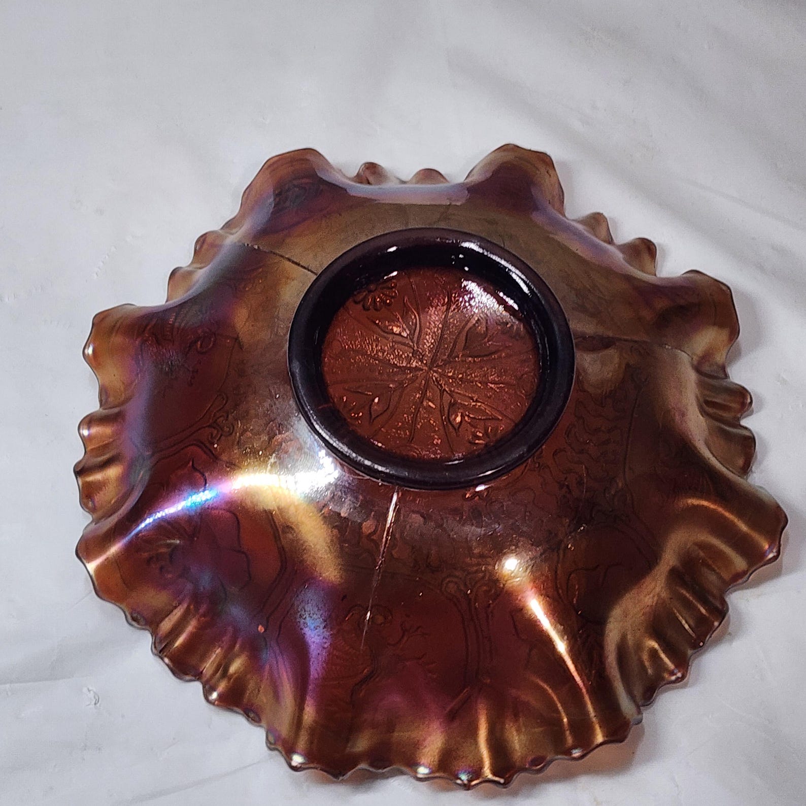 Antique Fenton Dragon and Lotus Marigold Carnival Glass Ruffled Bowl 8. ...