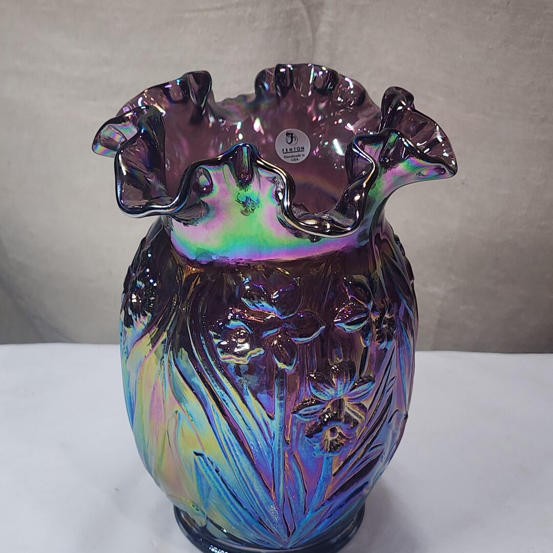 Vintage Fenton Plum Carnival Glass Daffodil Vase 8 Tall - Etsy