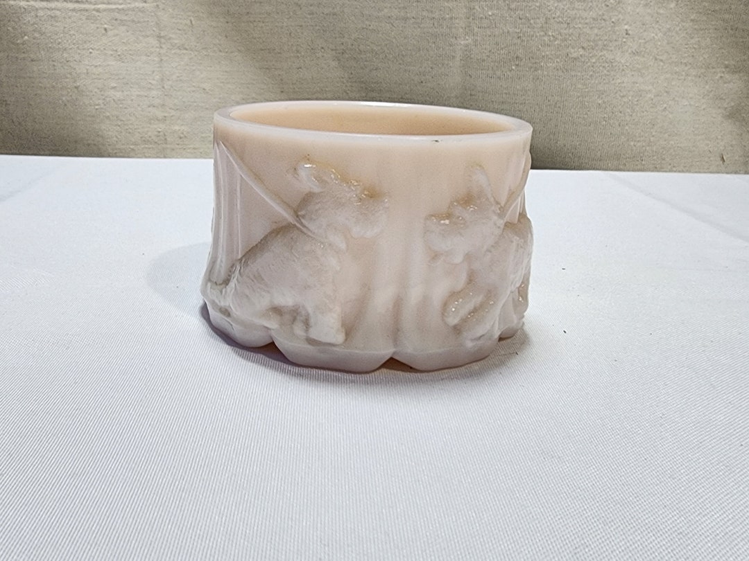 Vintage Akro Agate Pink Slag Scotty Dog Powder Box / Puff Box 6" Bottom ...