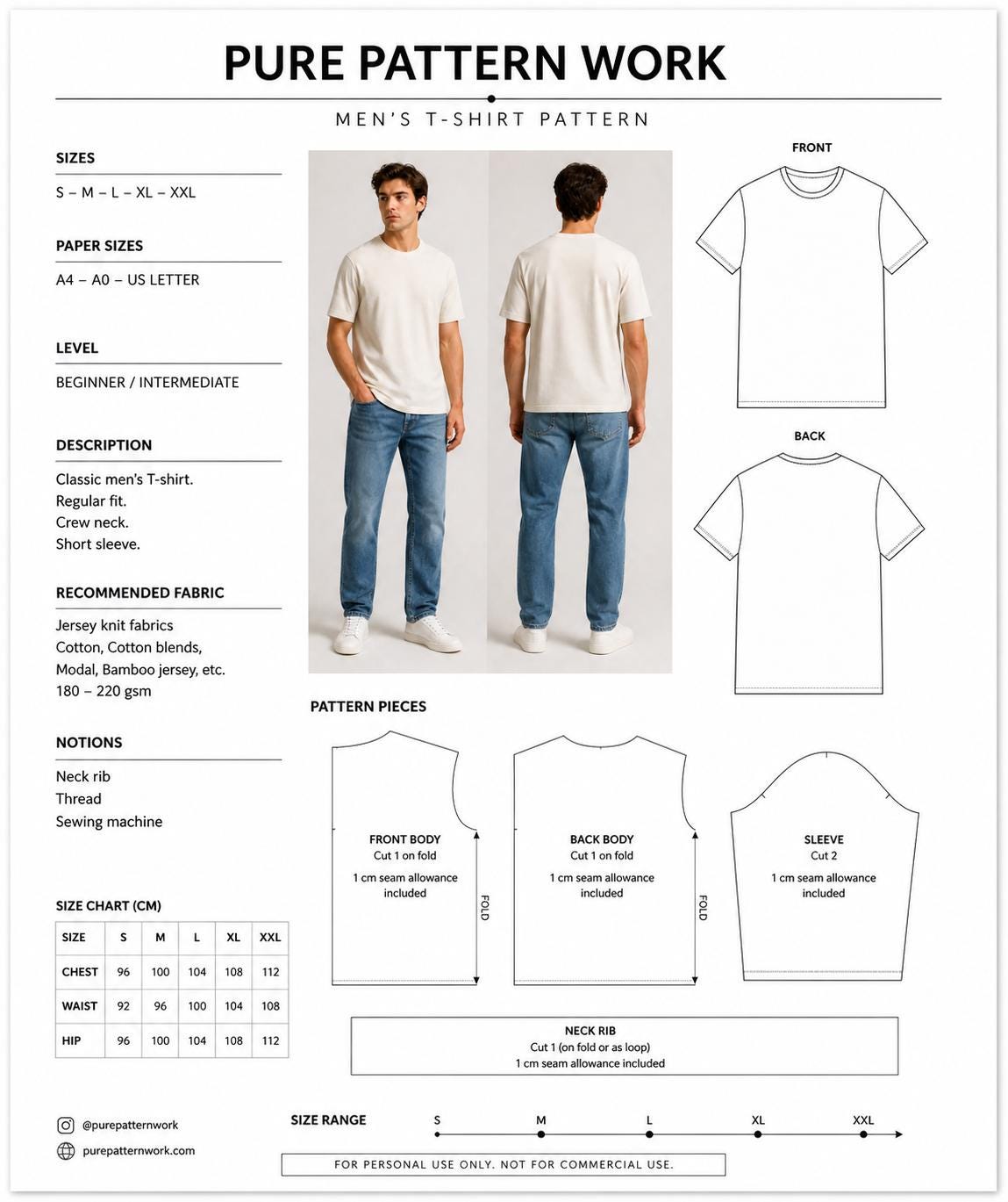 Basic T Shirt Pattern Pdf, Men Tee Sewing Pattern XS XXL, A4 A0 US ...
