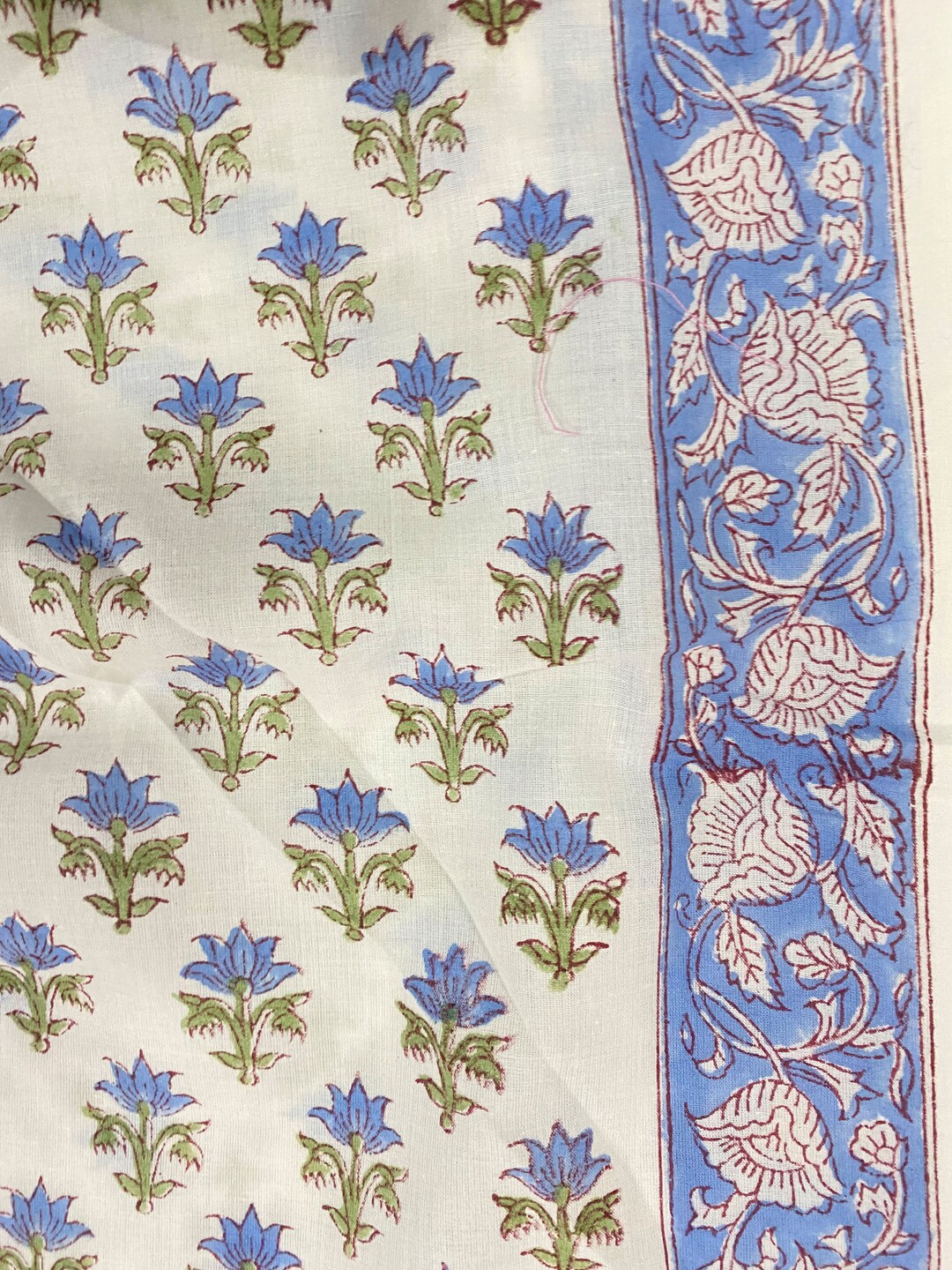 Blue Floral Border Print Fabric: Hand Block Printed Cotton by the Yard ...