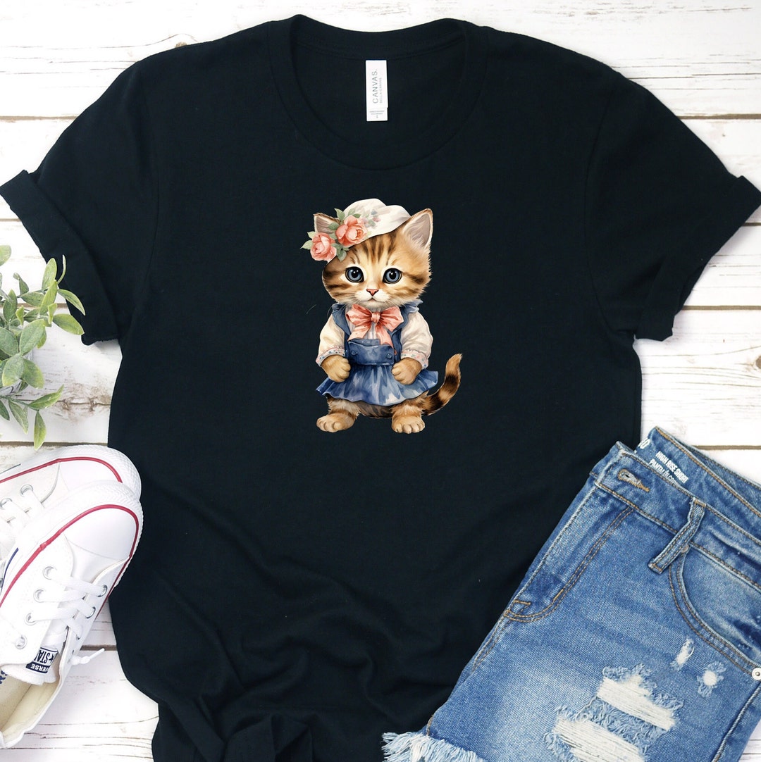 Cute Kitten Dress and Hat Illustration T-shirt Design, Animal Lover ...