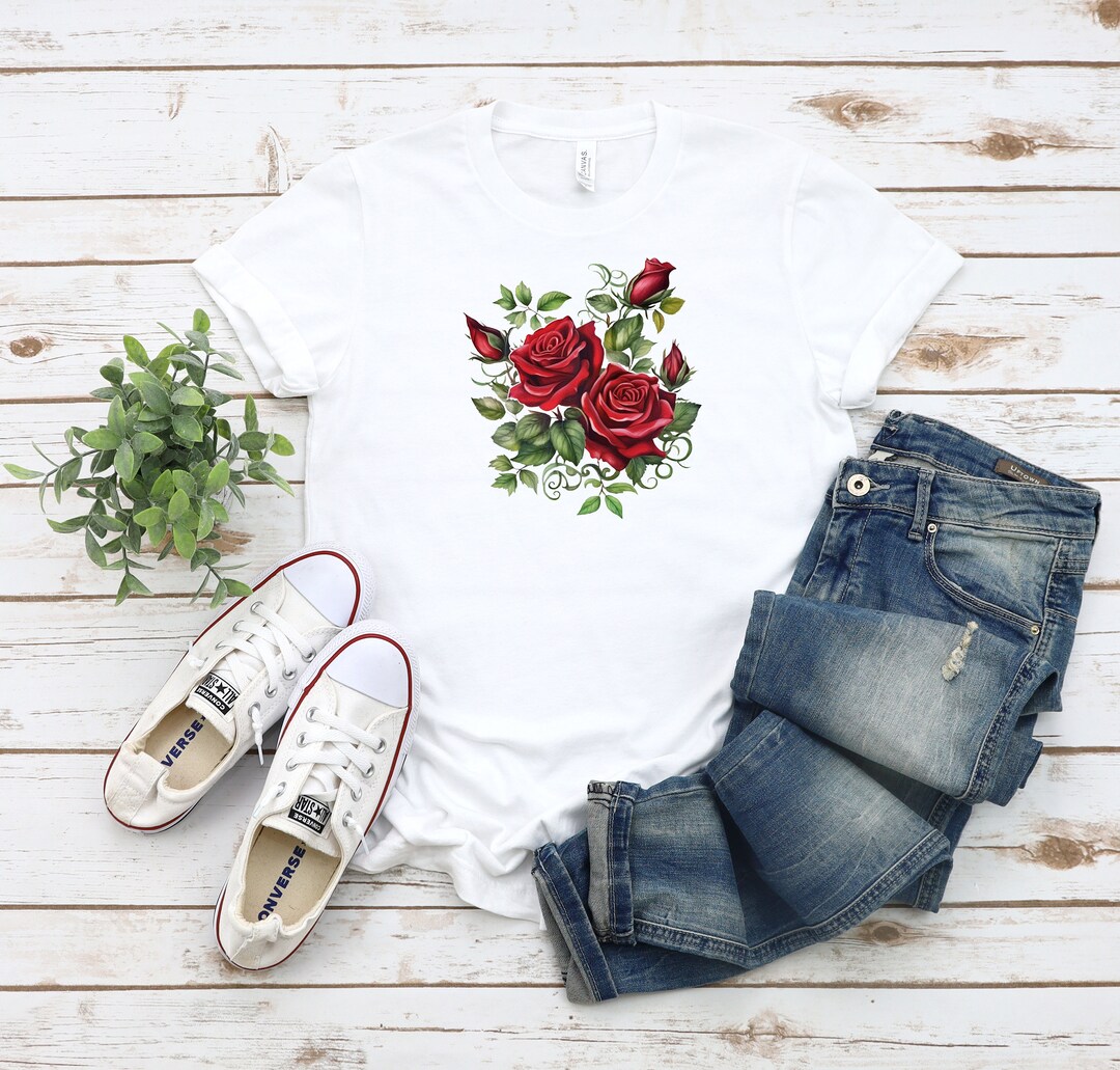 Red Roses Graphic T-shirt: Floral Print, Cotton Tee - Etsy
