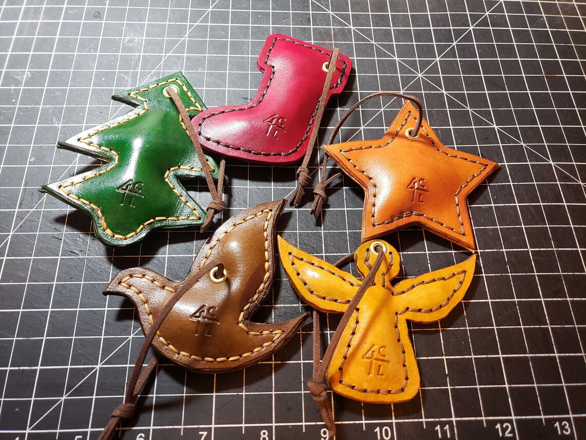 Set of Five Leather Christmas Tree Ornaments Holiday Handmade ...
