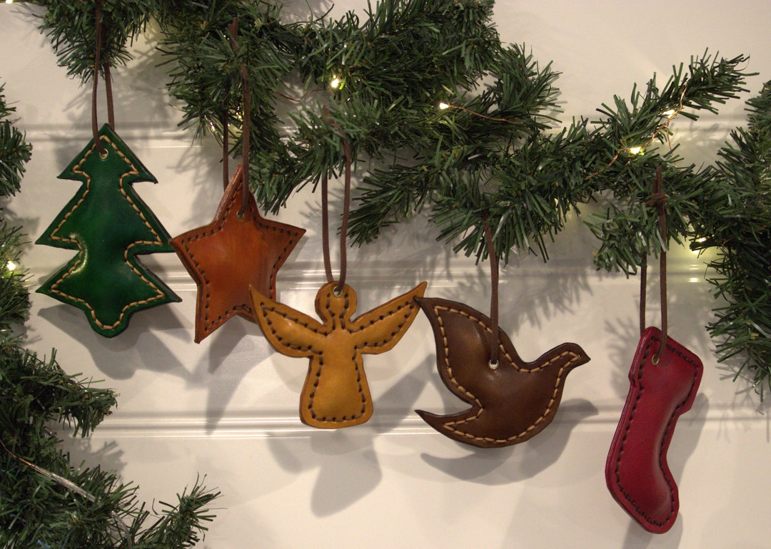 Set of Five - Leather Christmas Tree Ornaments - Holiday - Handmade ...