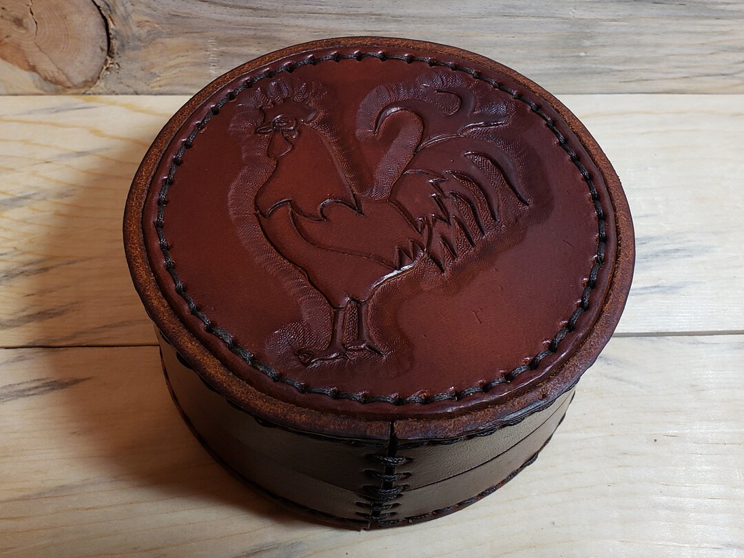 Rooster - Round Leather Keepsake Box - Vegetable Tanned Leather ...