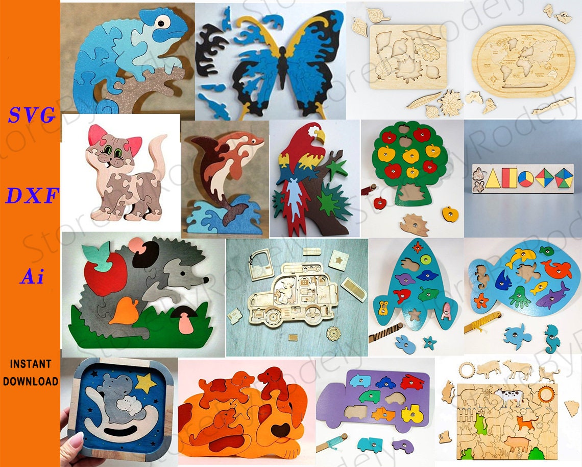 Drawing & Illustration Cnc Cut file Laser Pattern 17 Wooden Puzzle SVG ...