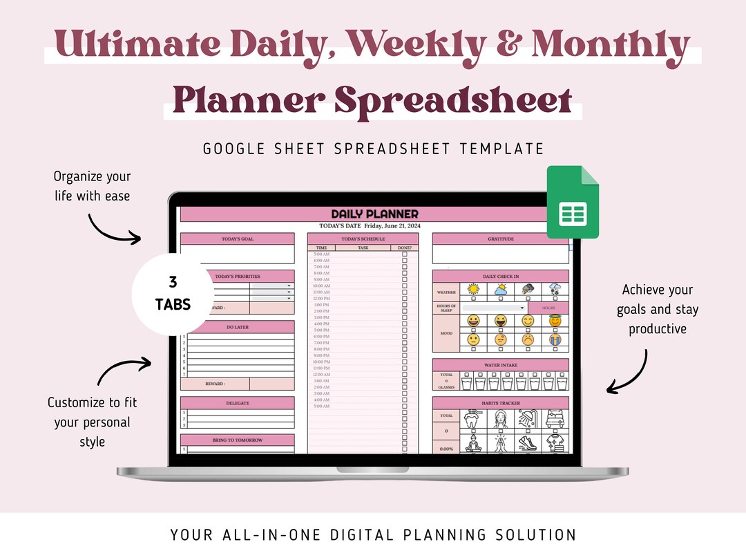 Daily Weekly Schedule Spreadsheet Planner Google Sheets Template Daily ...