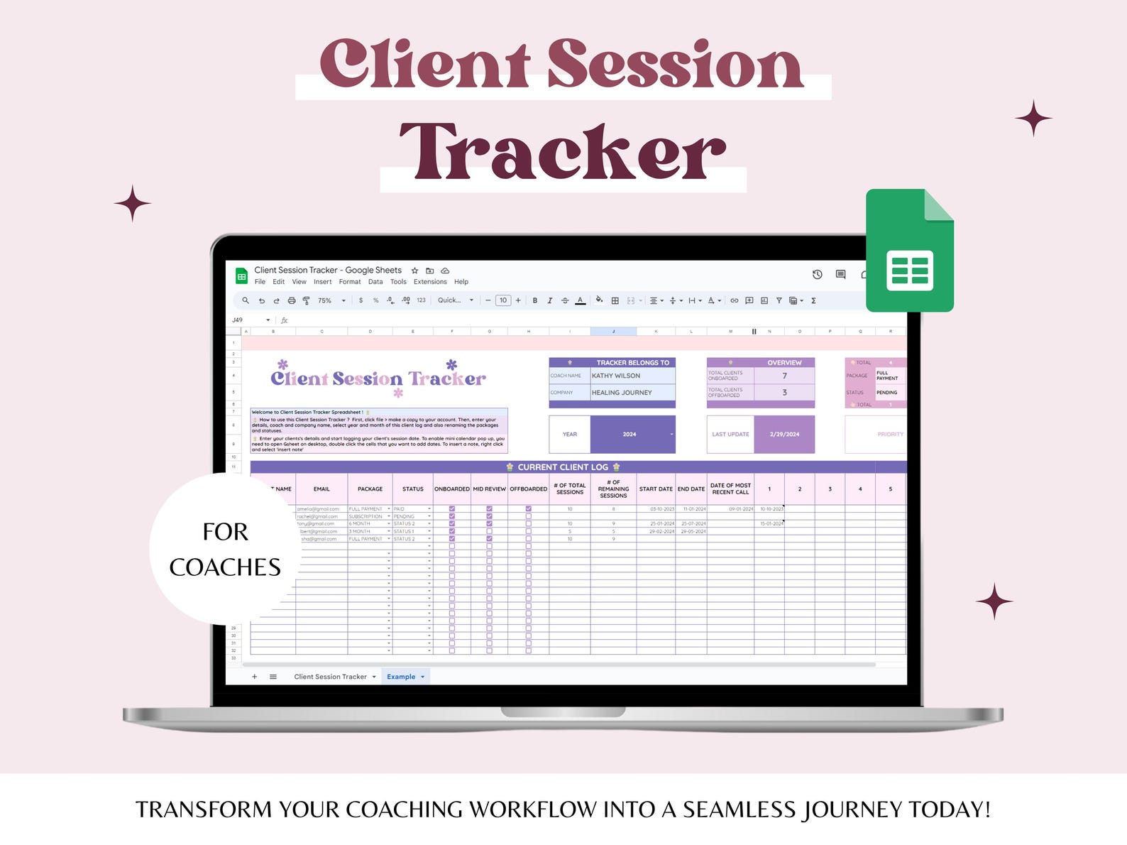 Client Session Tracker Spreadsheet for Coaches, Client Management ...