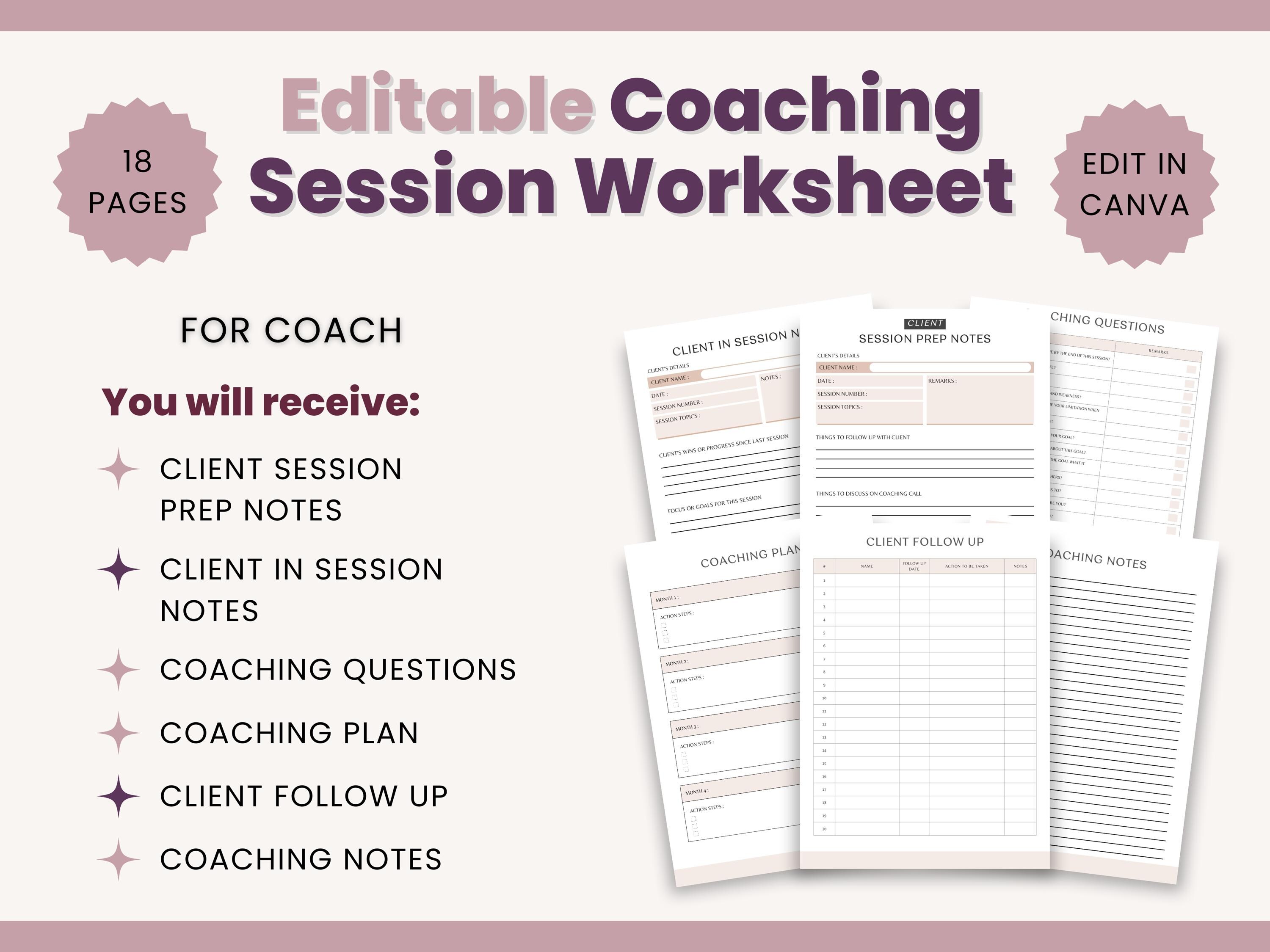 Editable Coaching Session Worksheet Template for Coaches, Client Form ...