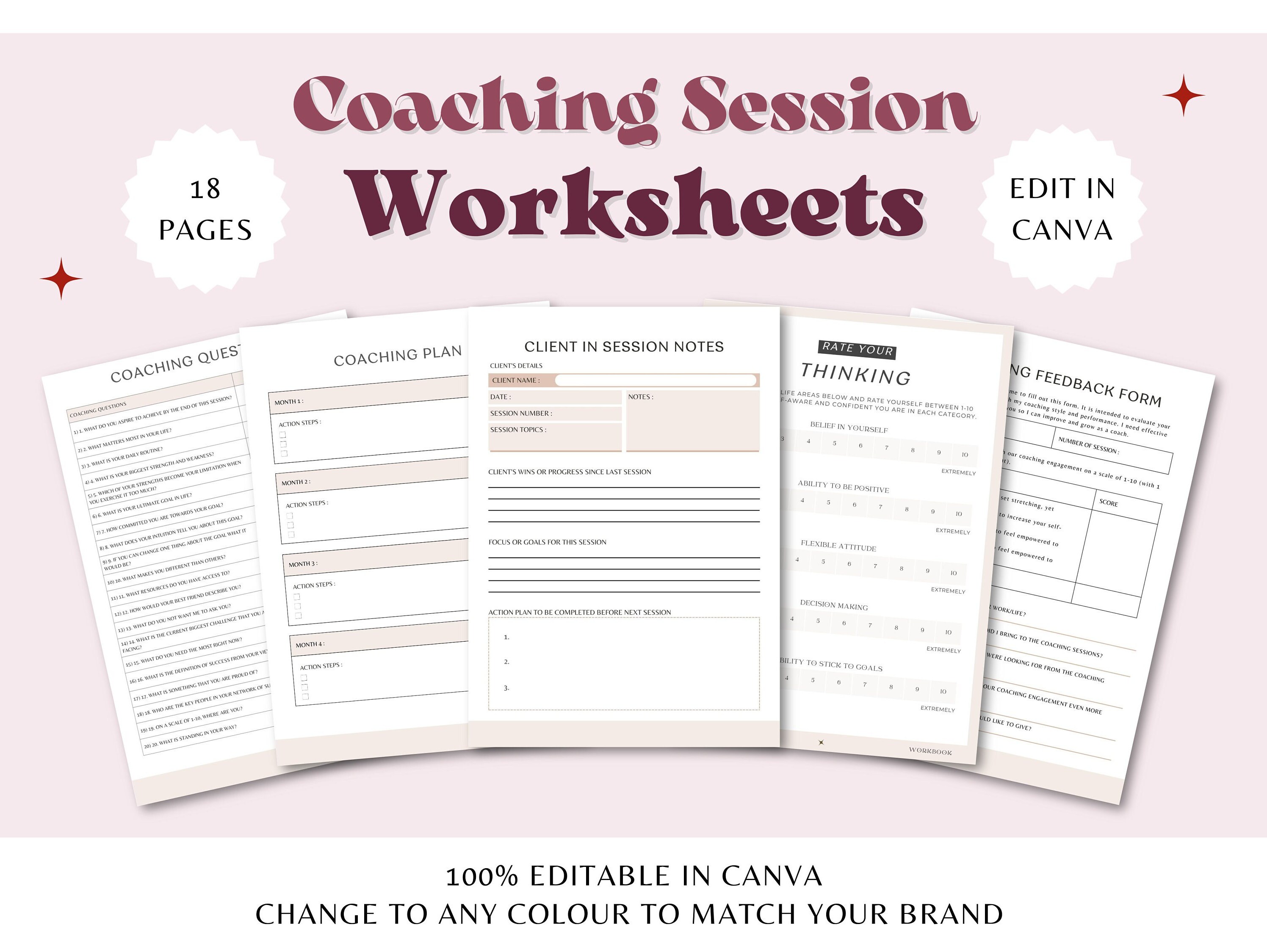 Coaching Session Worksheet, Coach Form, Client Form, Action Plan, Goal ...