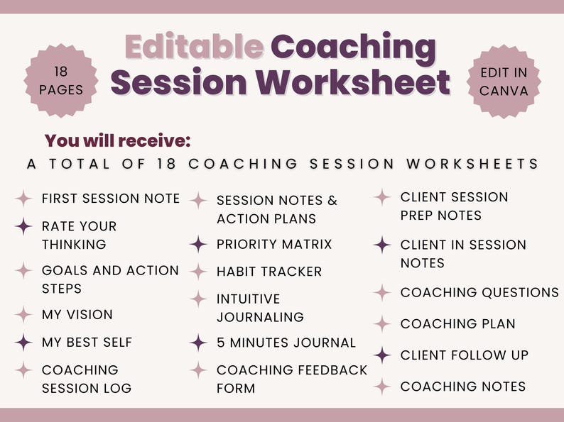 Editable Coaching Session Worksheet Template for Coaches, Client Form ...