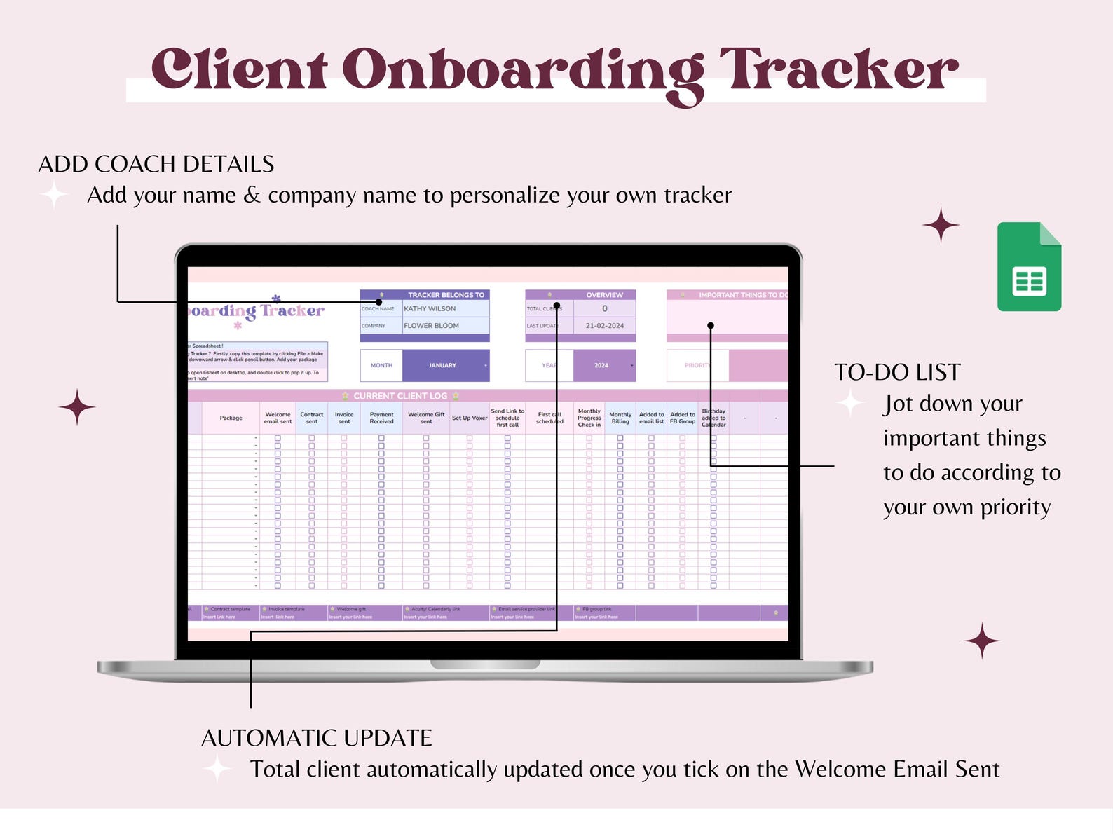 Client Onboarding Tracker Spreadsheet for Coaches, Client Tracker ...