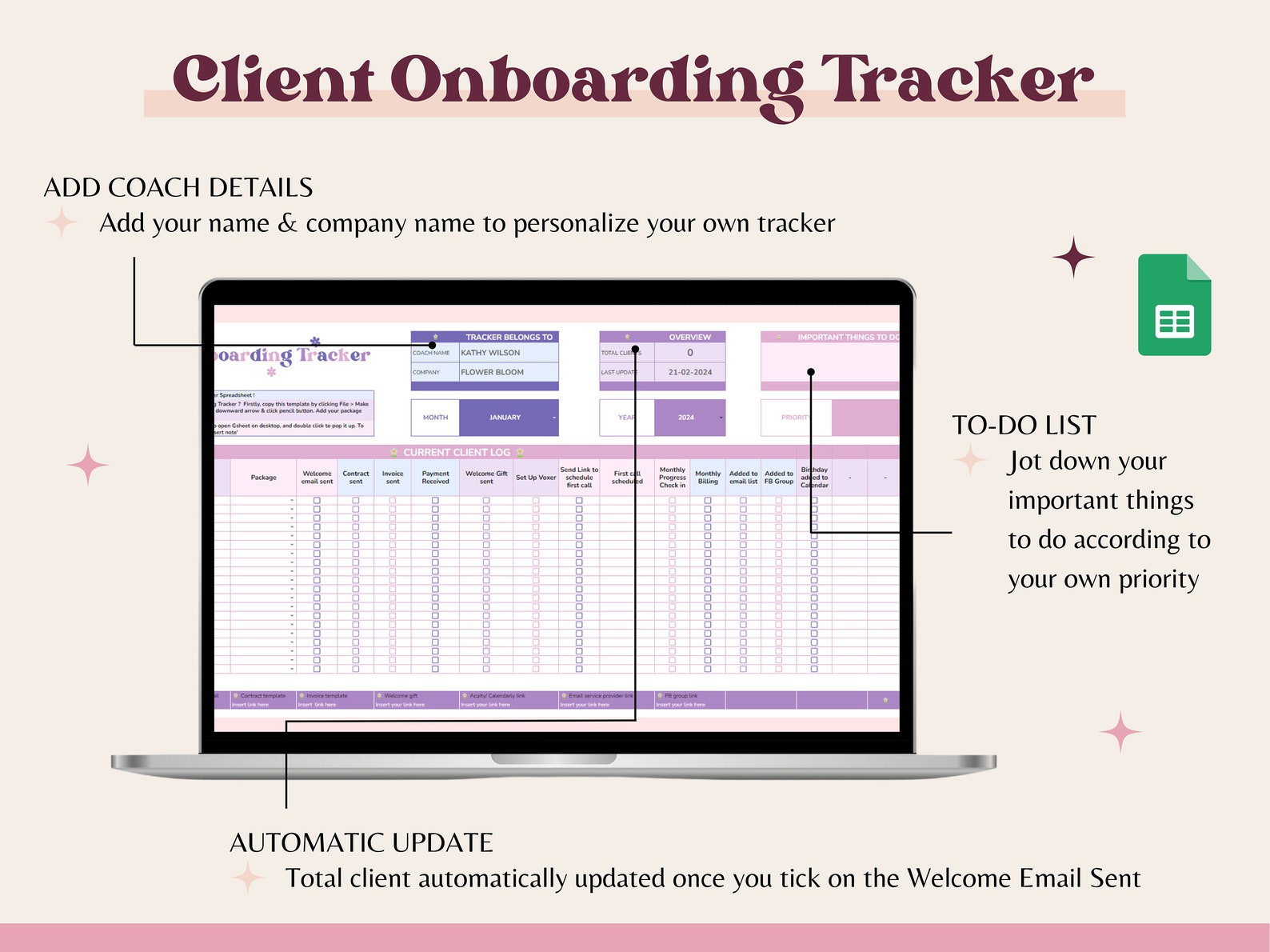 Client Onboarding Tracker Spreadsheet for Coaches, Client Tracker ...