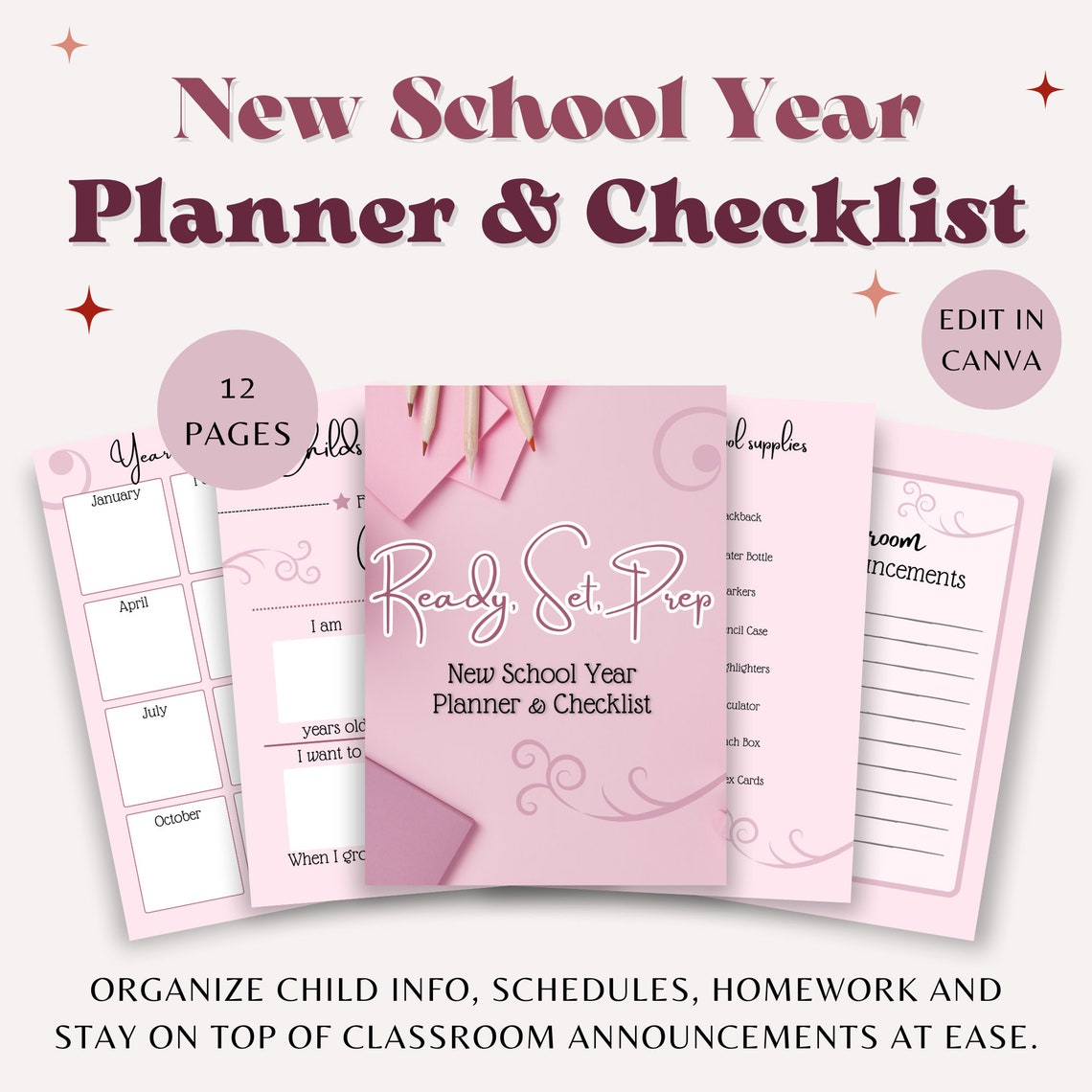 New School Year Planner & Checklist, Homework Tracker (canva Editable ...