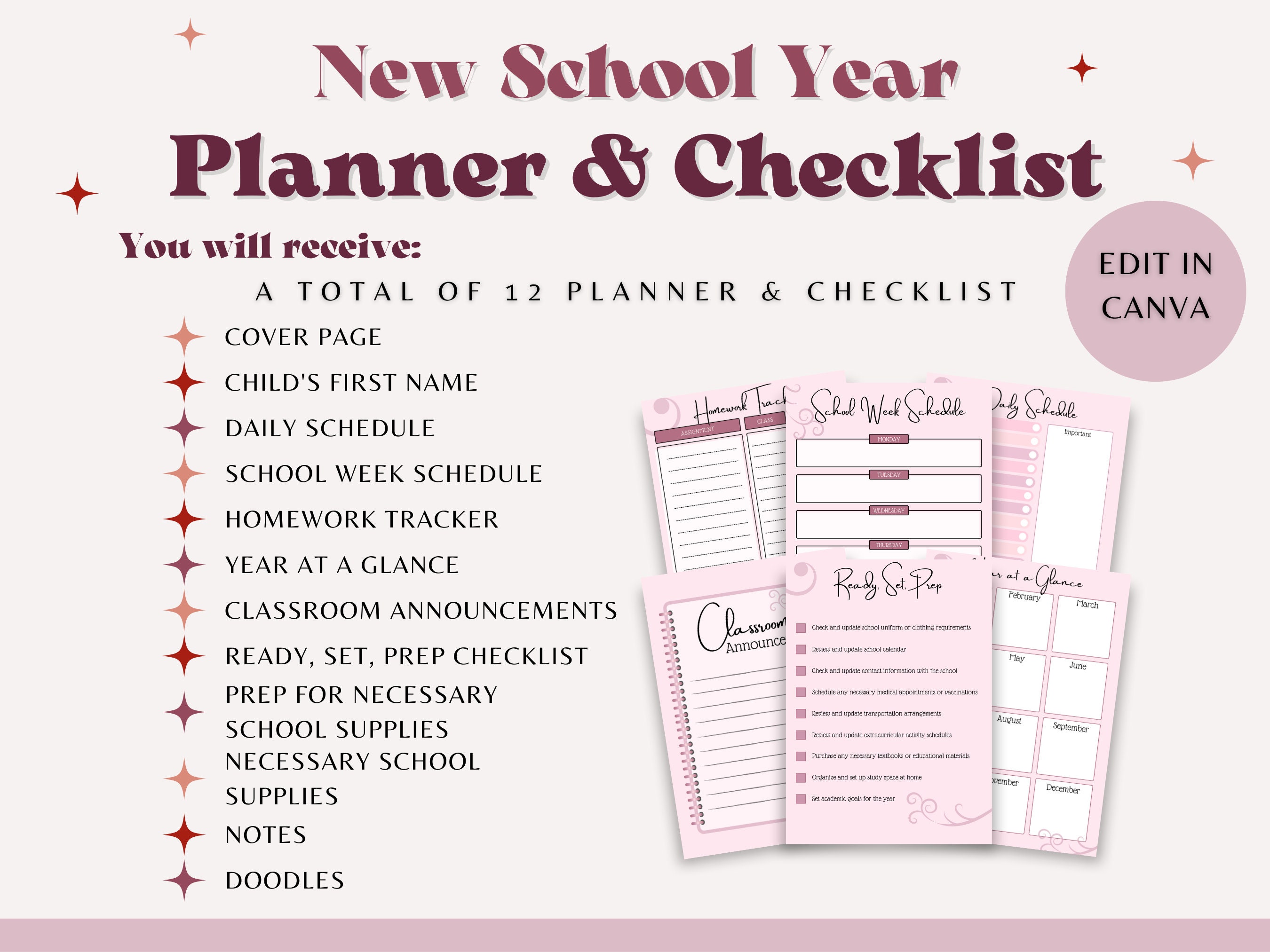 New School Year Planner & Checklist, Homework Tracker (canva Editable ...