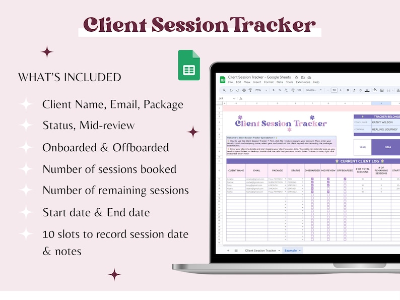 Client Session Tracker Spreadsheet for Coaches, Client Management ...