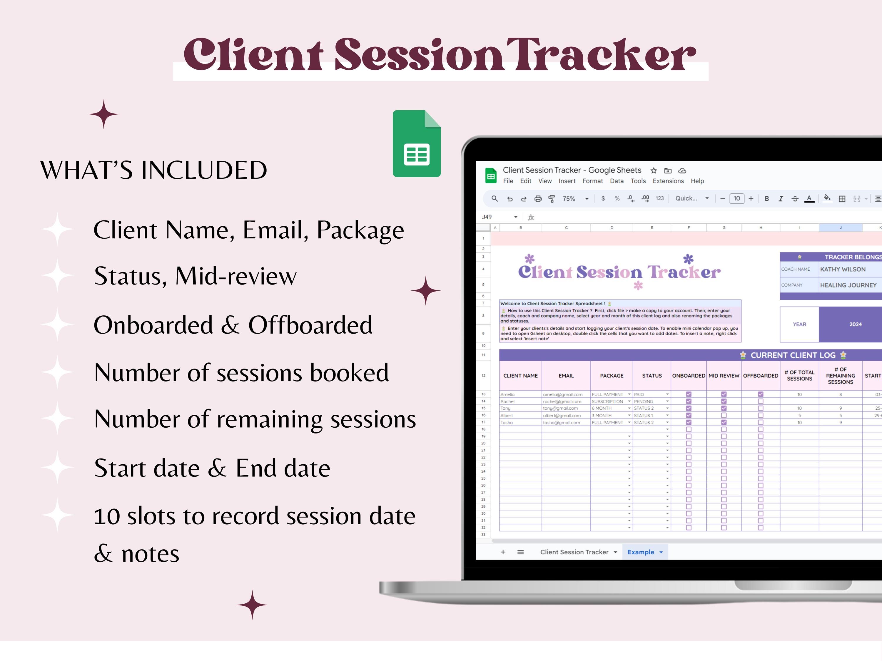 Client Session Tracker Spreadsheet for Coaches, Client Management ...