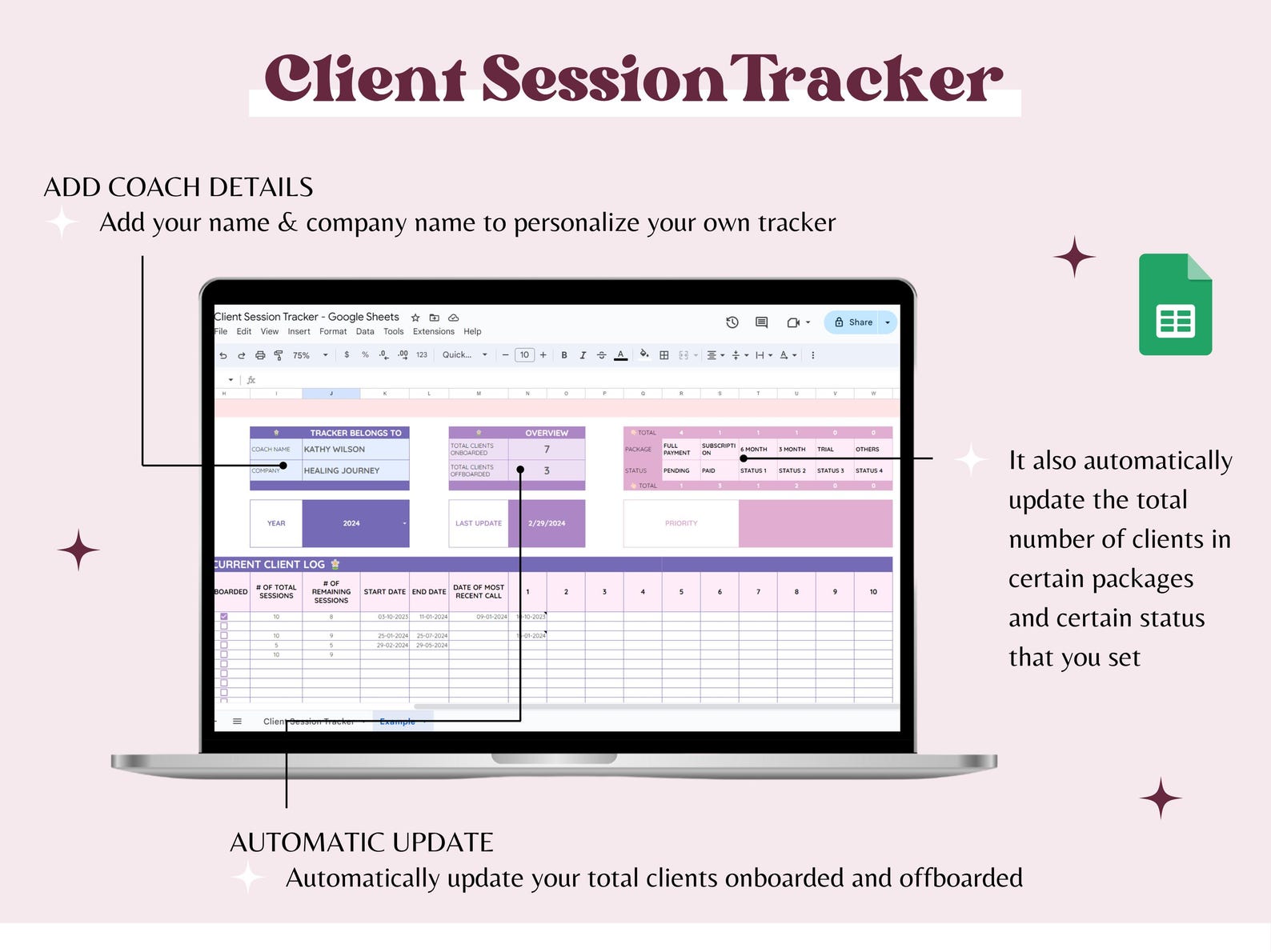 Client Session Tracker Spreadsheet for Coaches, Client Management ...