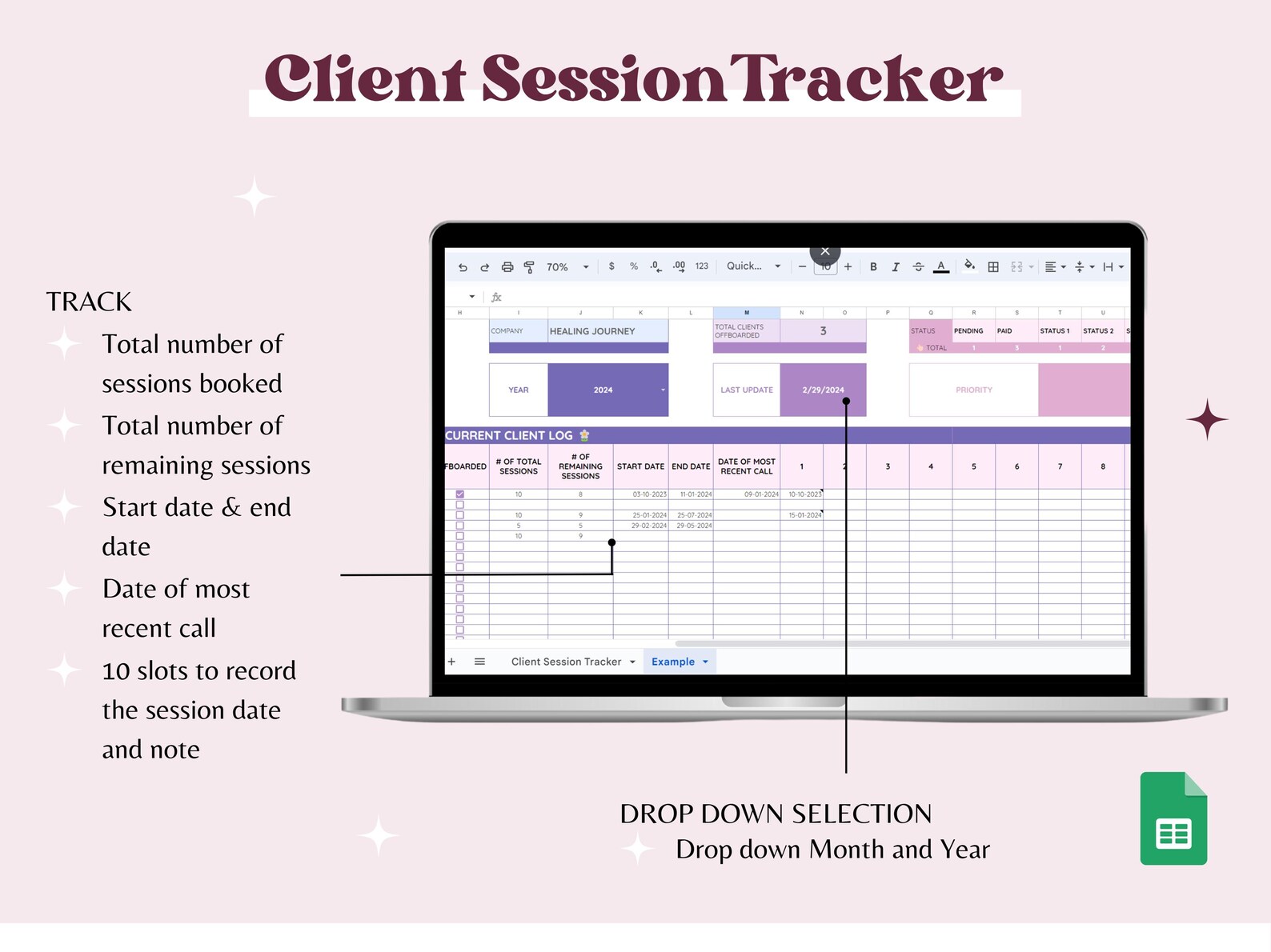 Client Session Tracker Spreadsheet for Coaches, Client Management ...