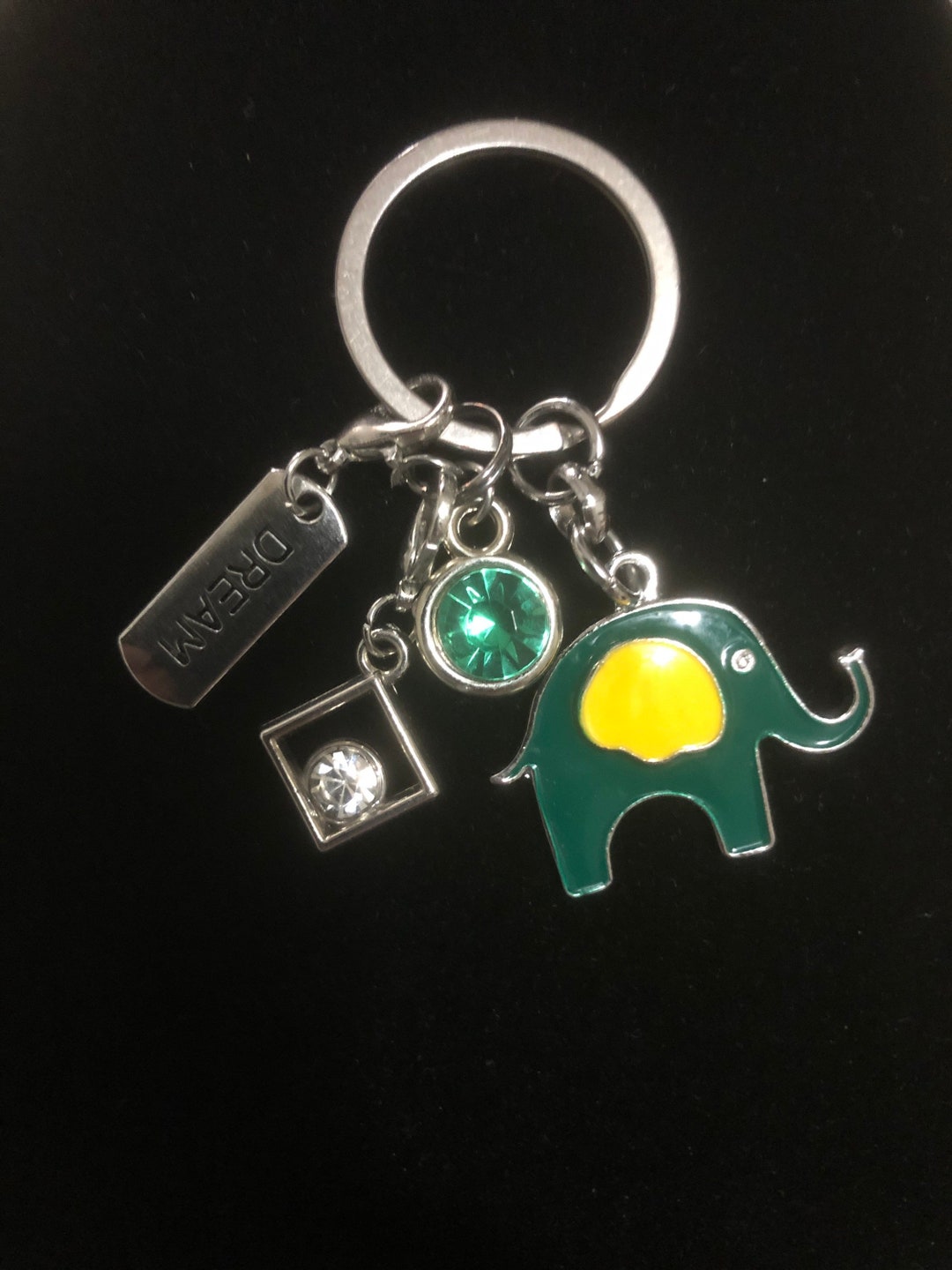 Silver Keychain With Elephant, Dream and Green Gem - Etsy