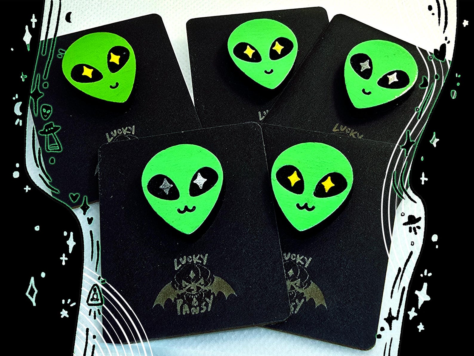 Cutie Alien Wooden Pins | Hand Painted | Funky, Fun, Artsy Gift | Ufo ...
