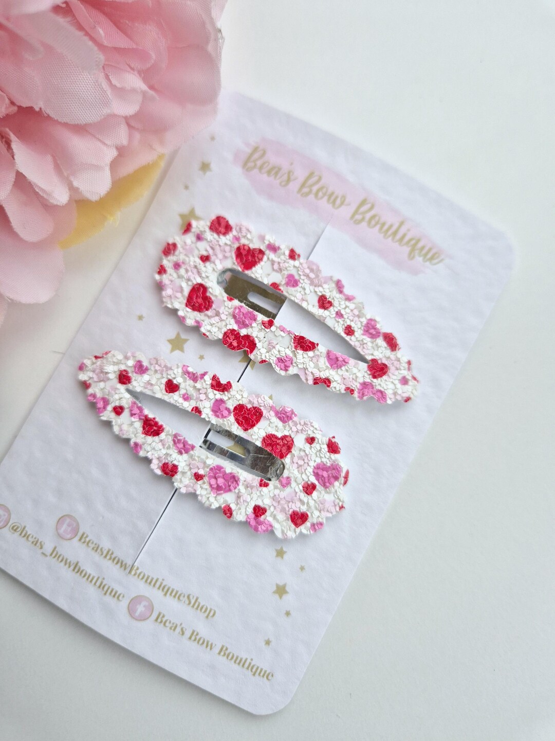 Glitter Pink Heart Clips, Snap Clips, Valentines Hair Clips, Gifts for ...