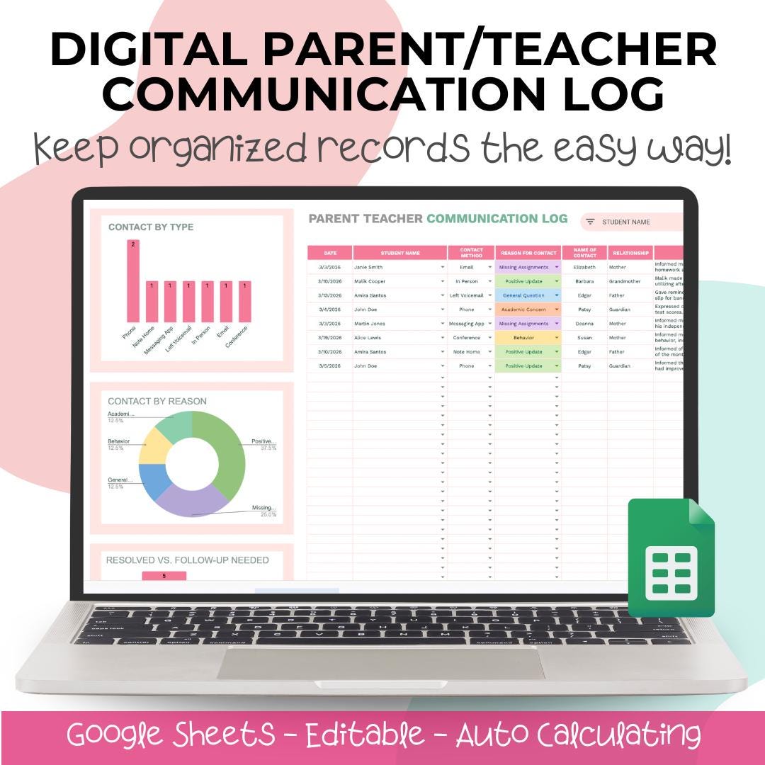 Digital Parent Teacher Communication Log Spreadsheet, Parent Call Log ...