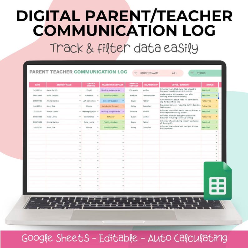 Digital Parent Teacher Communication Log Spreadsheet, Parent Call Log ...