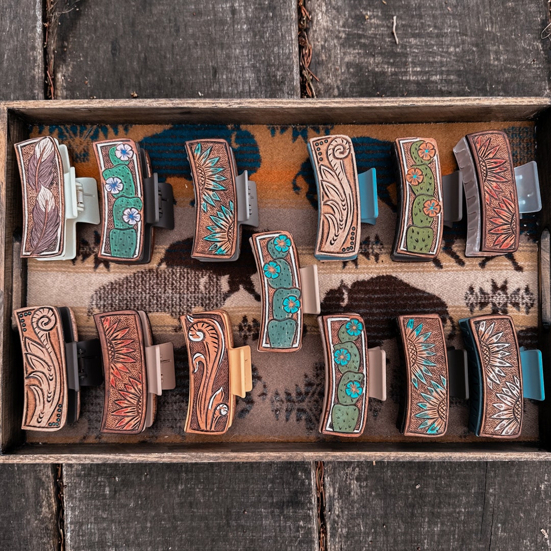 Medium Leather Hair Clips Cowhide Claw Clip Tooled Leather Hair Clip ...