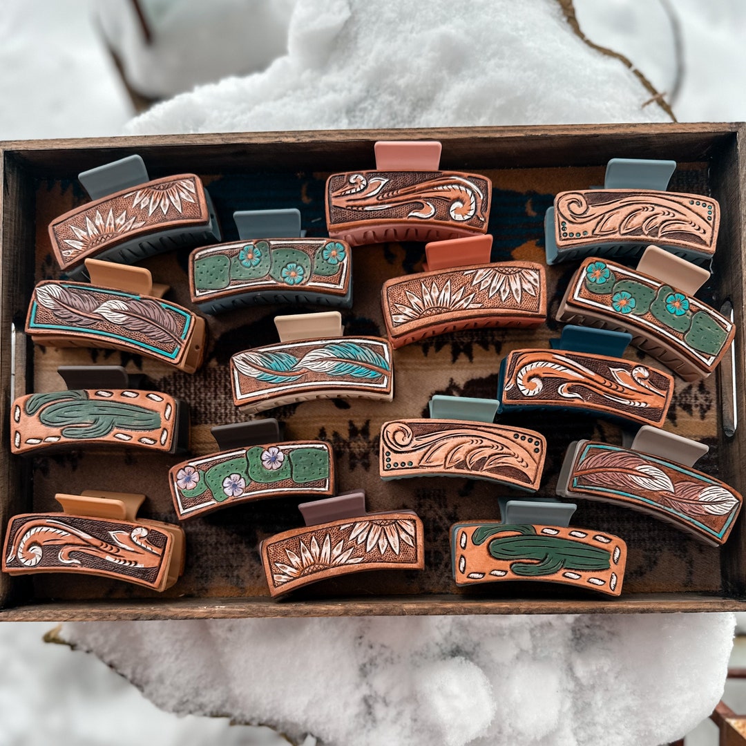 Leather Hair Clips Cowhide Claw Clip Tooled Leather Hair Clip Leather ...