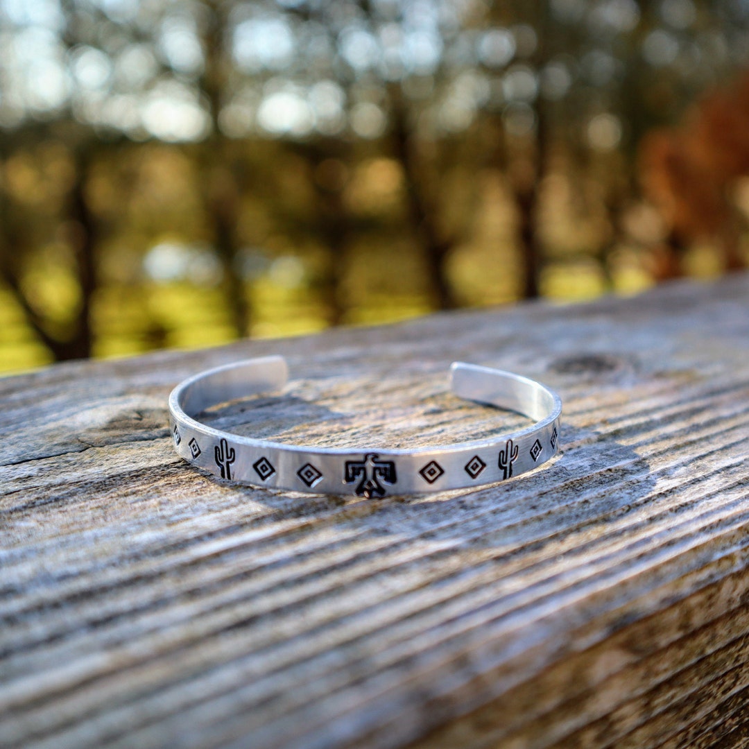 Thunderbird And Cacti Stamped Bracelet Metal Bracelet Metal Cuff Cuff