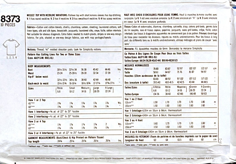 Simplicity 8373 UNCUT Pattern for Misses 2-hour Summer Tops - Etsy