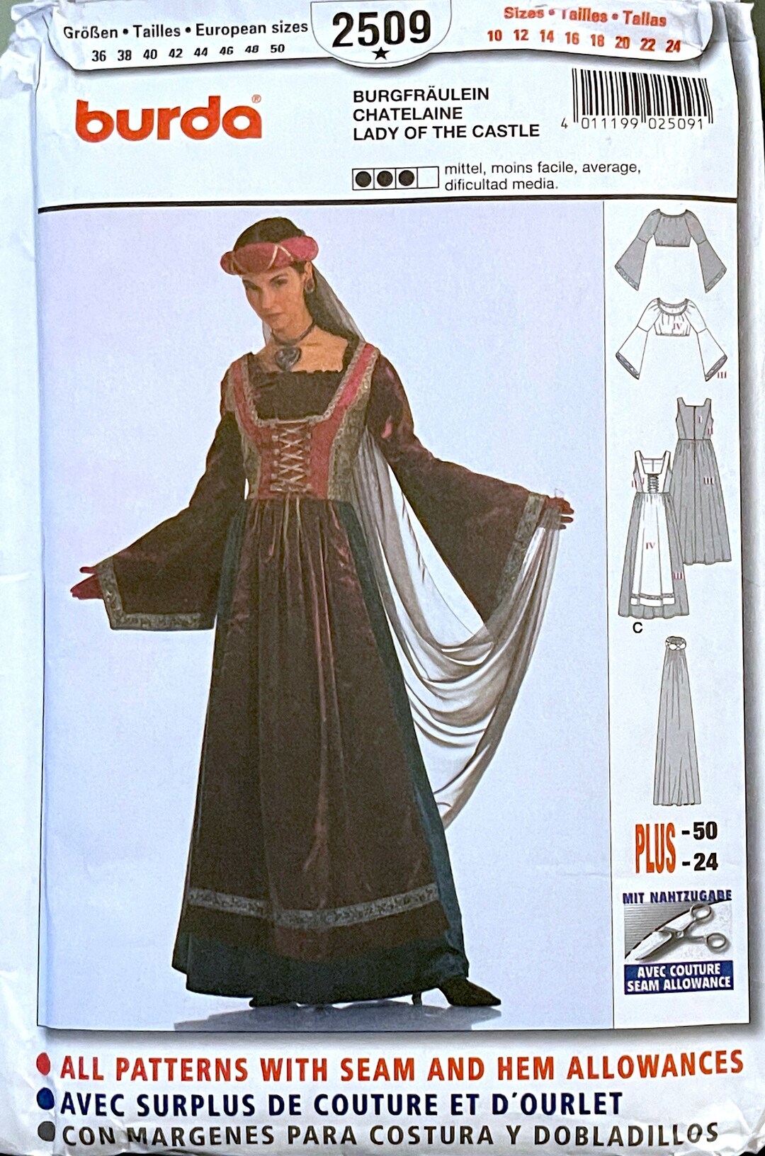Burda 2509 UNCUT Pattern for Misses Lady of the Castle Costume Sizes 10 ...