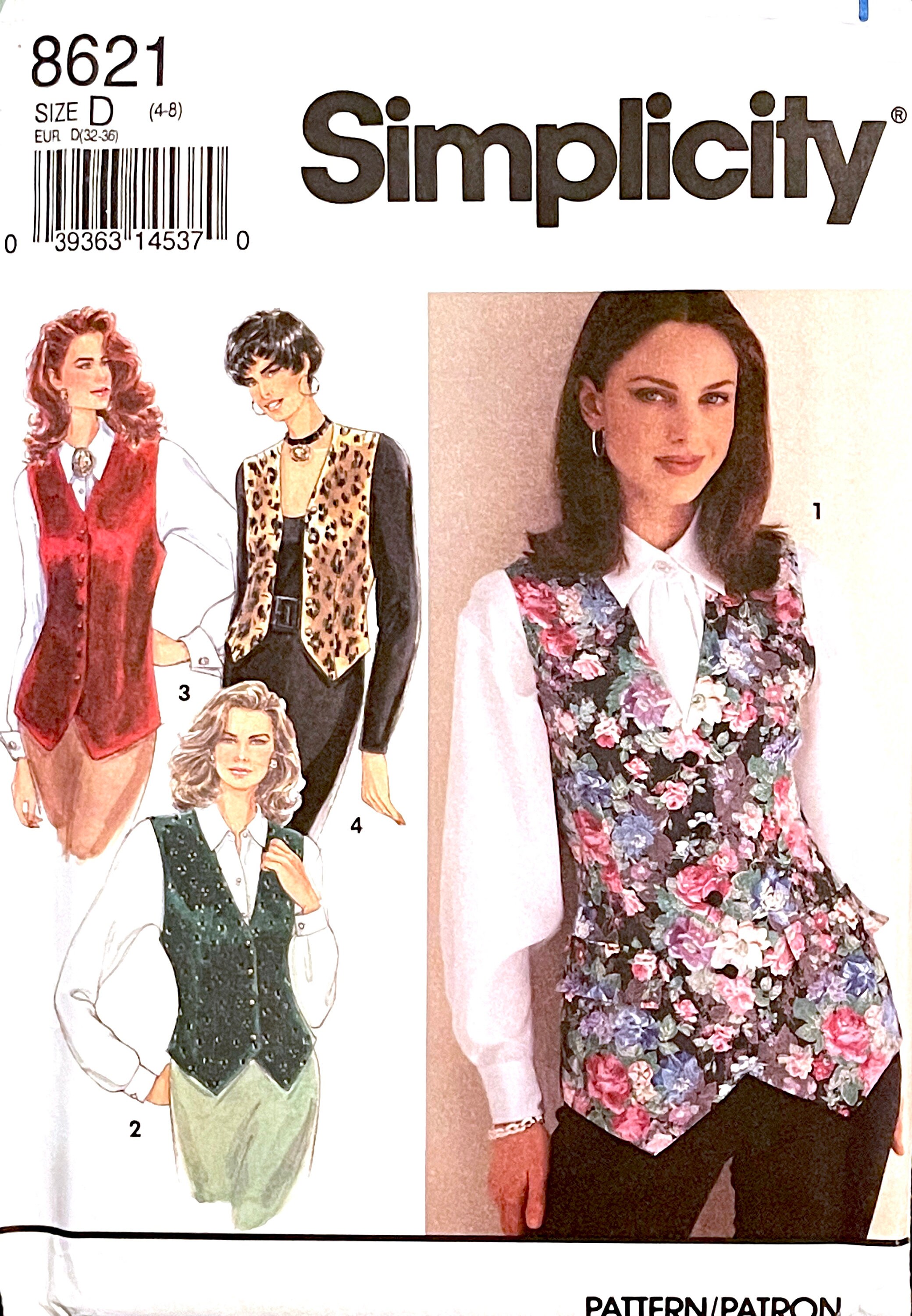 Simplicity 8621 UNCUT Pattern for Misses Vests Sizes 4-8, 10-14, or 16-20 pattern Out of Print ...
