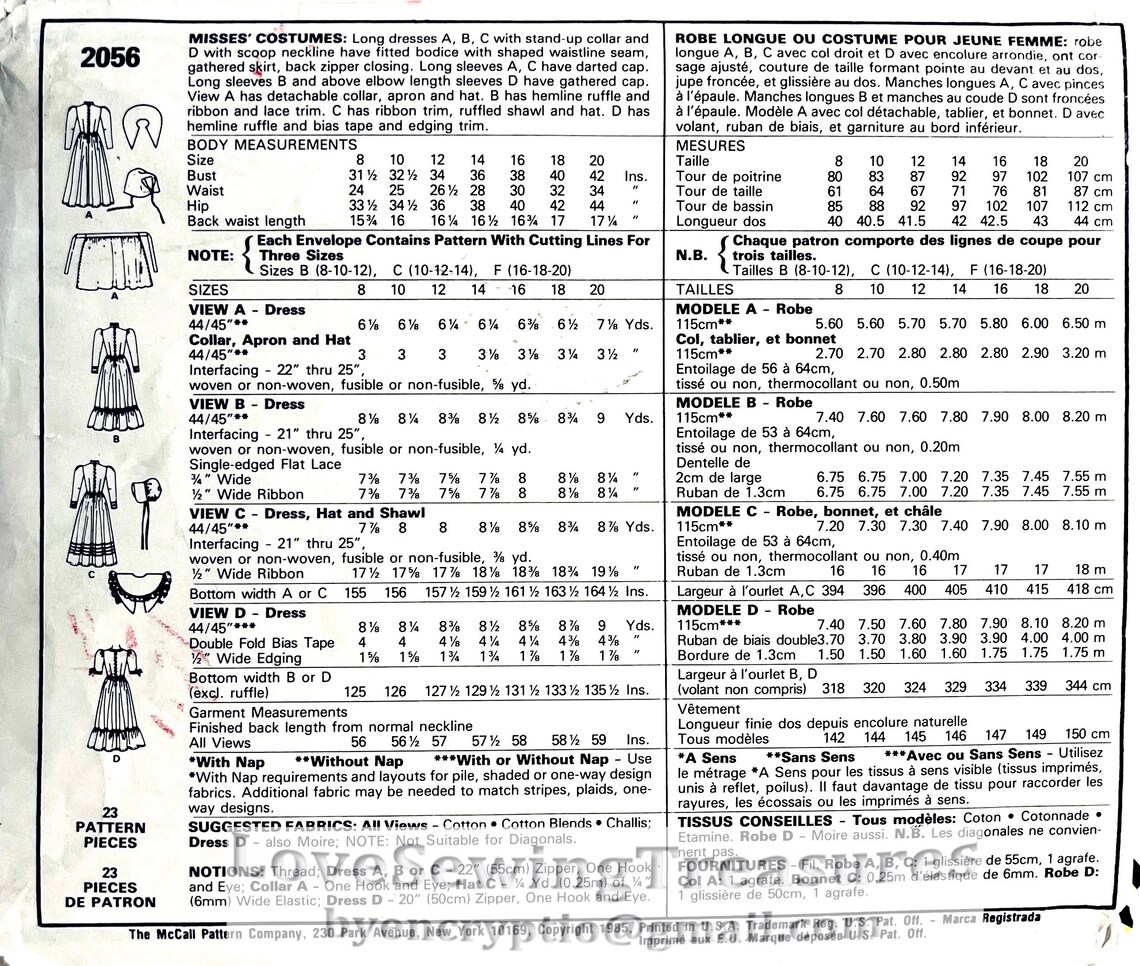 Mccall's 2056 UNCUT Pattern for Misses' Colonial - Etsy