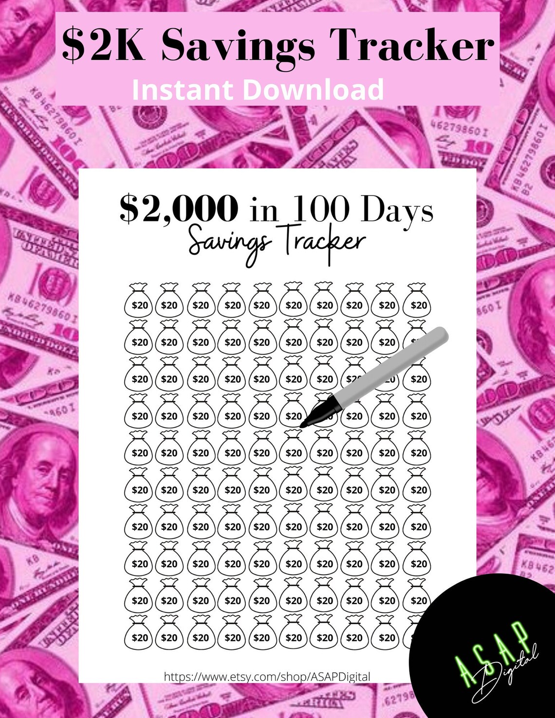 2,000 in 100 Days Savings Goal Tracker - Printable PDF - Etsy