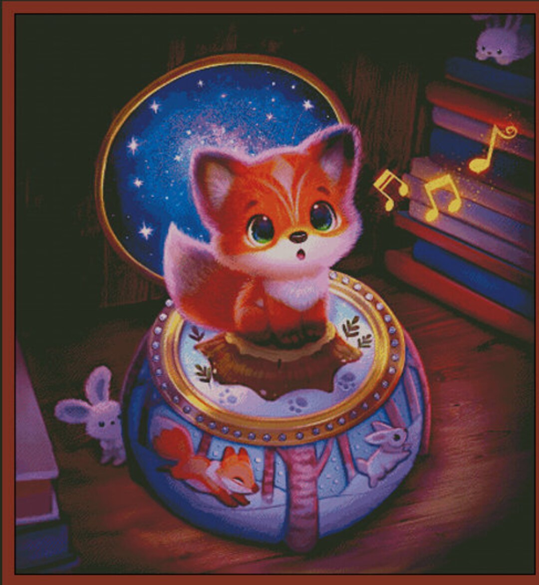 16ct Pre Printed Cross Stitch DIY Kit, Little Wolf's Music Box, Stamped ...