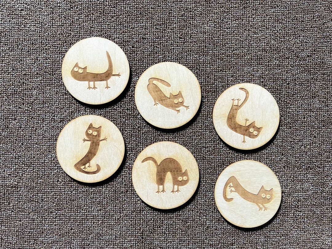 CUTE CAT COASTER Set 6pcs., Personalized Coaster Set, Wooden Laser ...