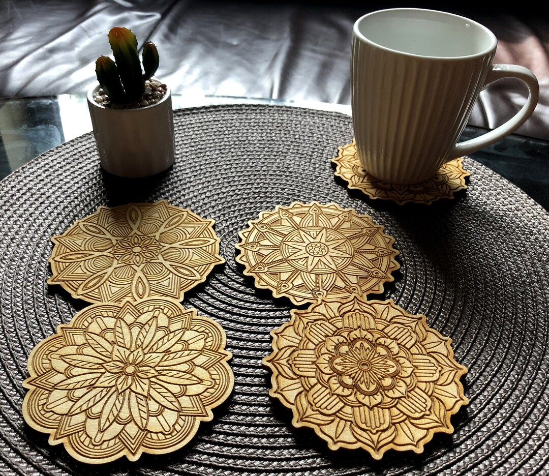 Set of 8 MANDALA FLOWER COASTERS, Engraved Wood Coaster Set, New Home ...